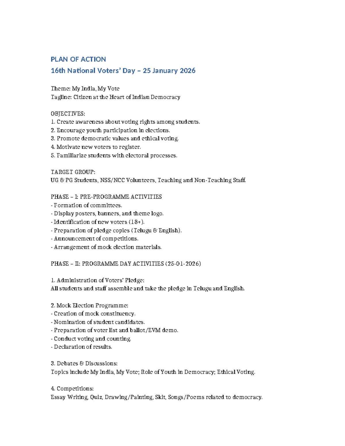 Plan of Action: National Voters Day 2026 - My India, My Vote - Studocu