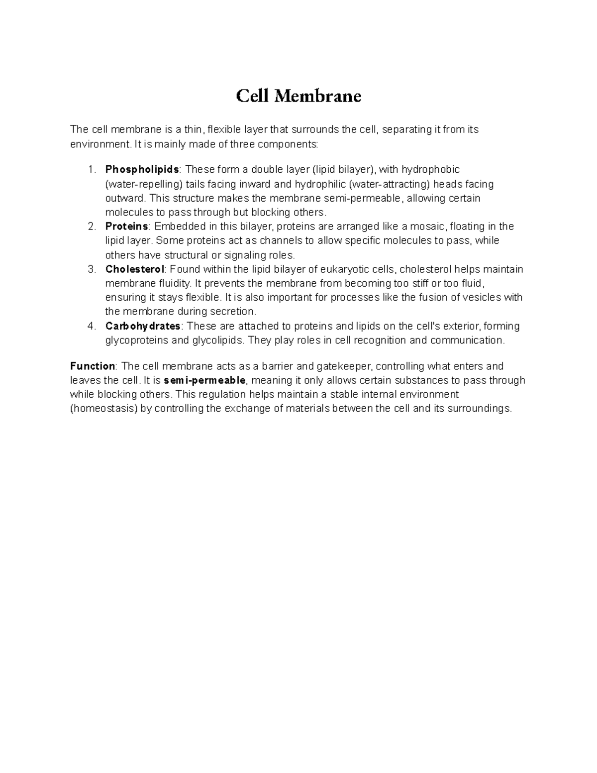 Cell Membrane Homeostasis: Summary of Structure and Function - Studocu