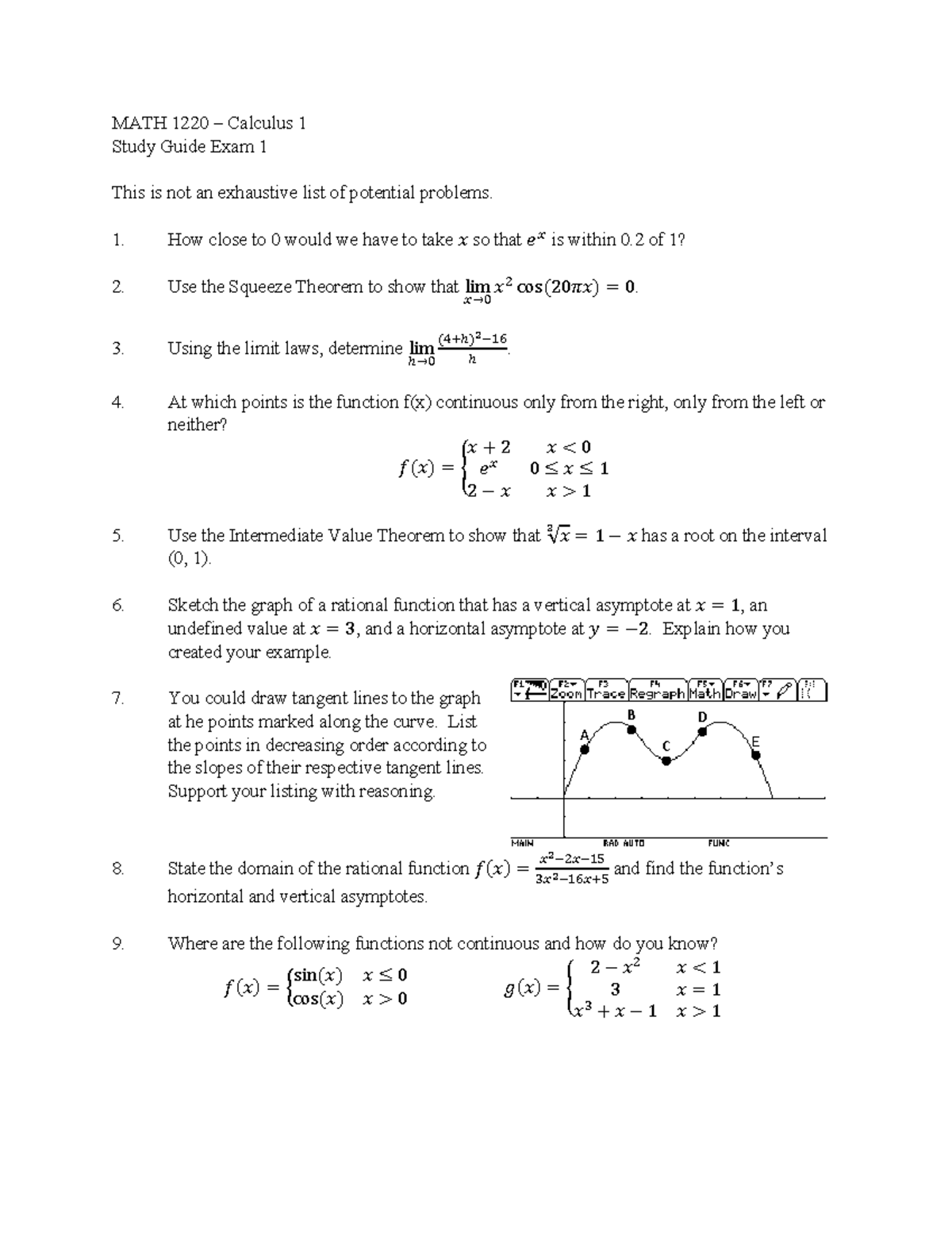 MATH 1220 Calculus 1 Study Guide for Exam 1 Review - Studocu