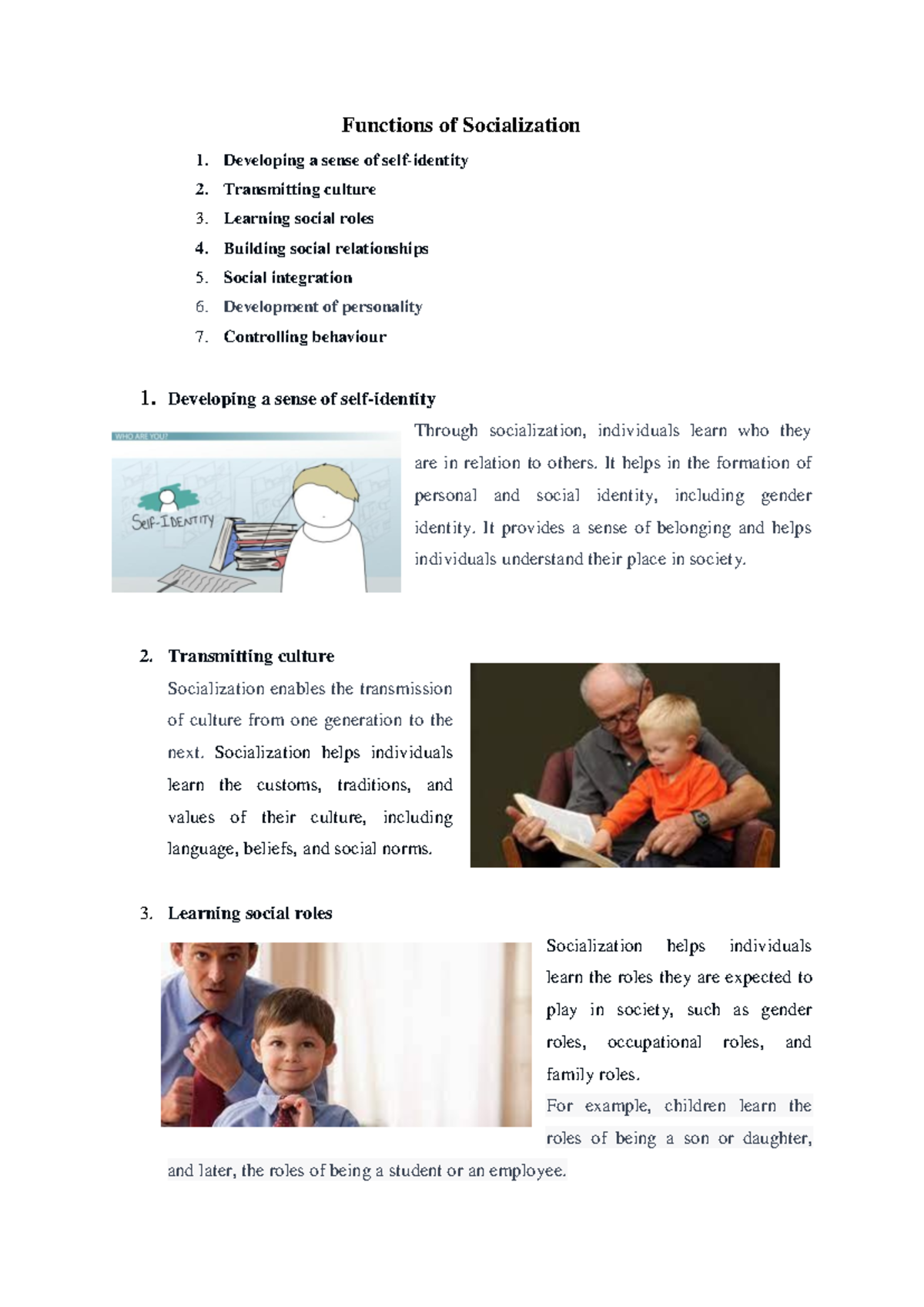 Functions of Socialization - Developing a sense of self-identity 2 ...