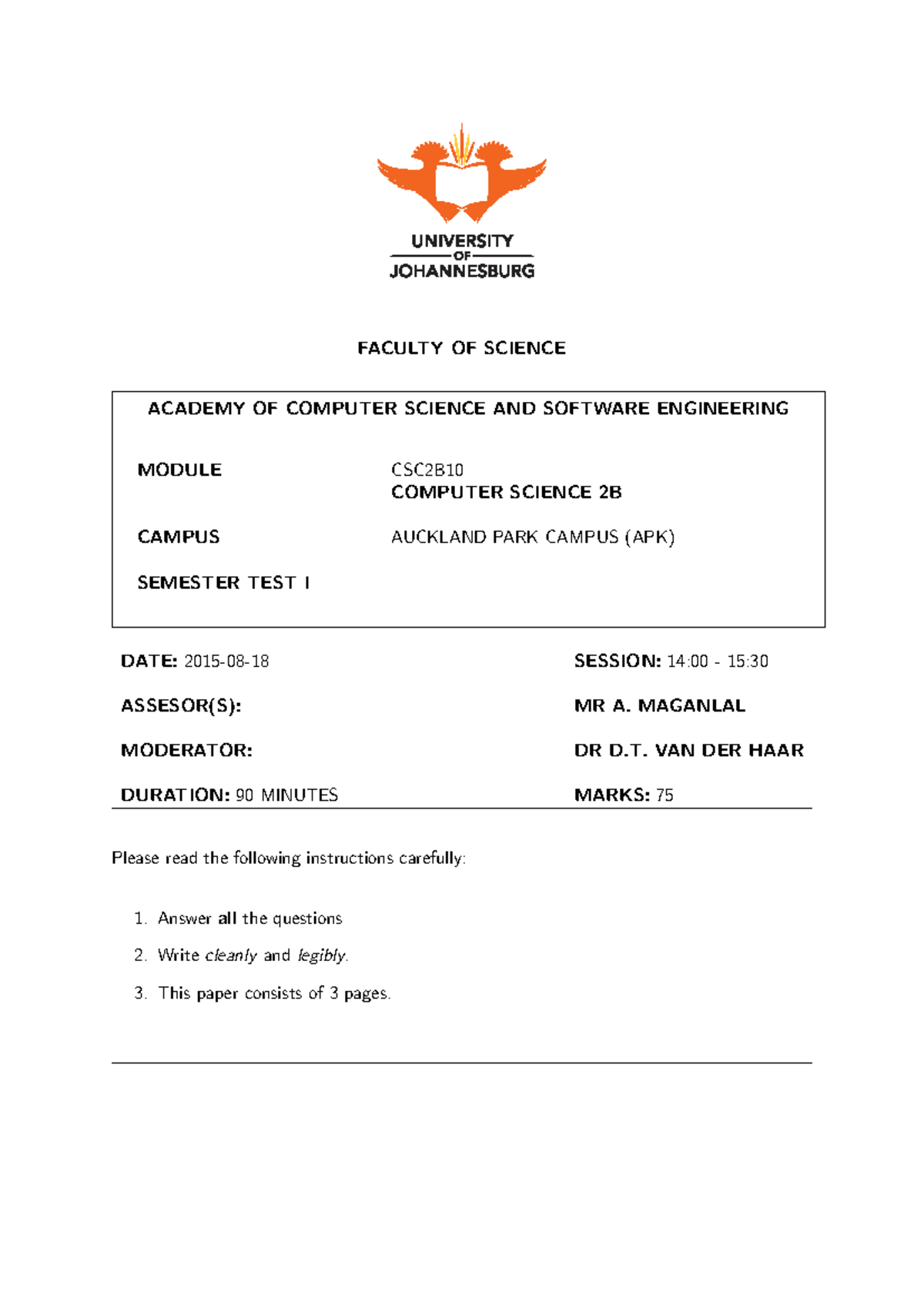 CSC2B10 Computer Science 2B Semester Test I Past Paper 2015 - Studocu