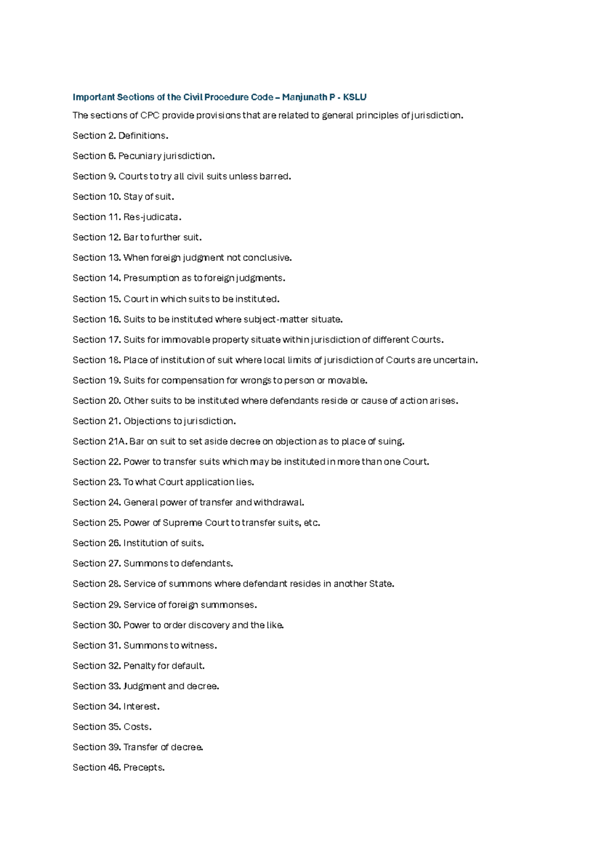 Important Sections of the Civil Procedure Code (CPC) - Studocu