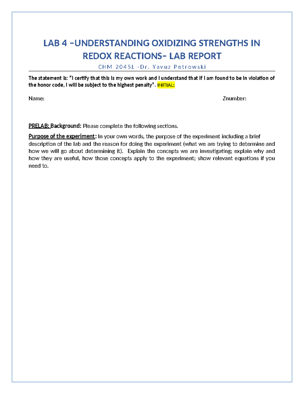 Lab 4: Investigating Redox Reactions and Oxidizing Strengths - CHM 2045L - Studocu