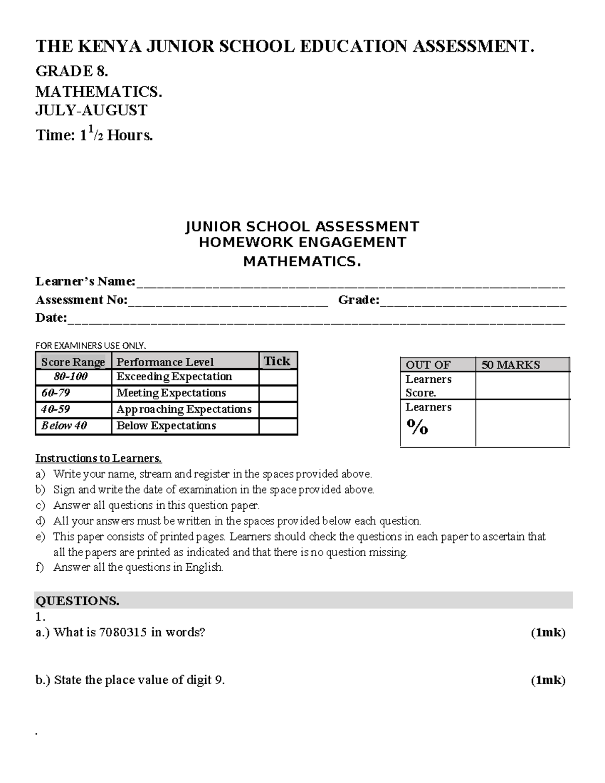 G8 Mathematics Homework Assessment: Kenya Junior School Exam - Studocu