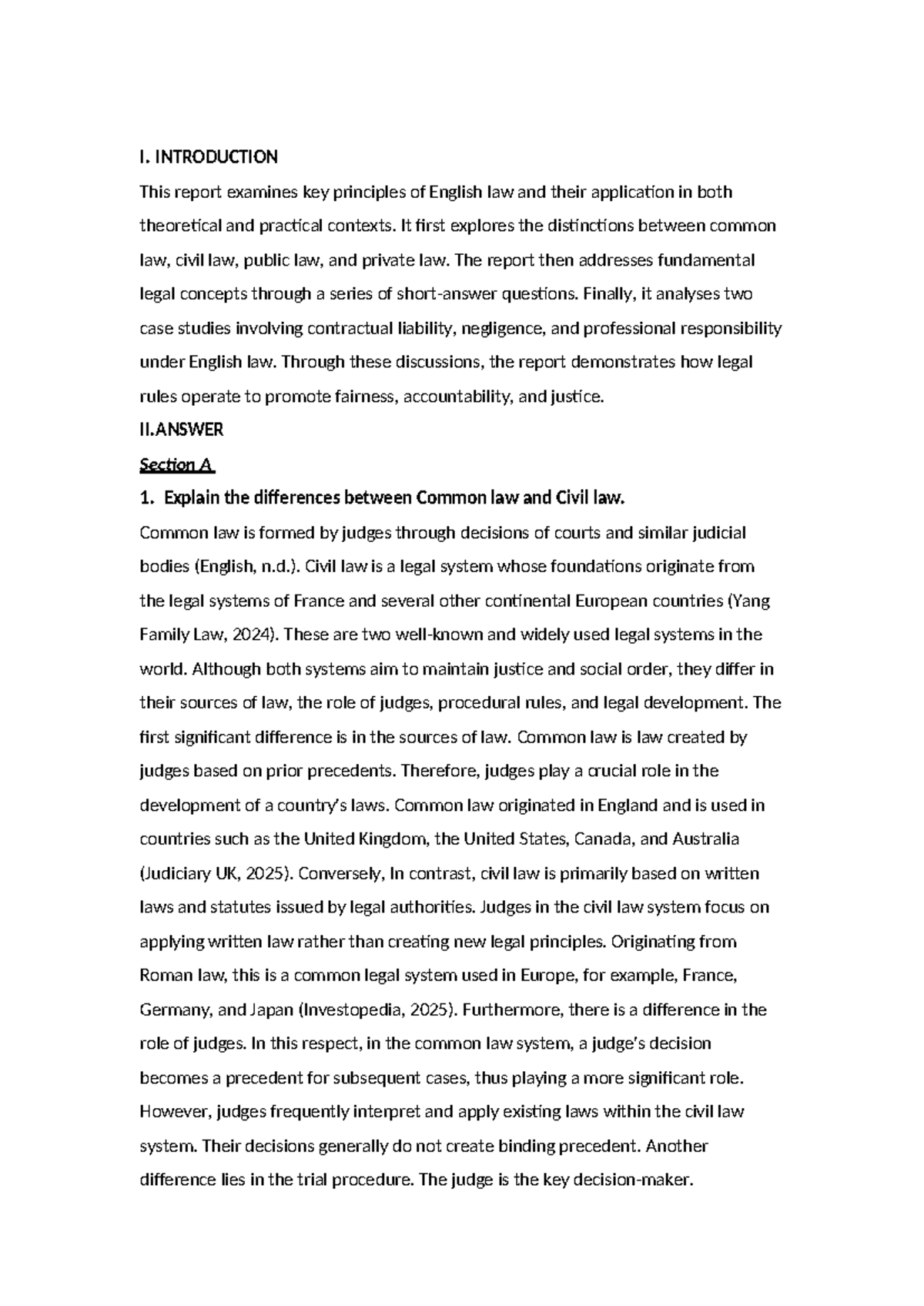 English Law Principles: Common vs. Civil Law & Liability Cases (LAW101 ...
