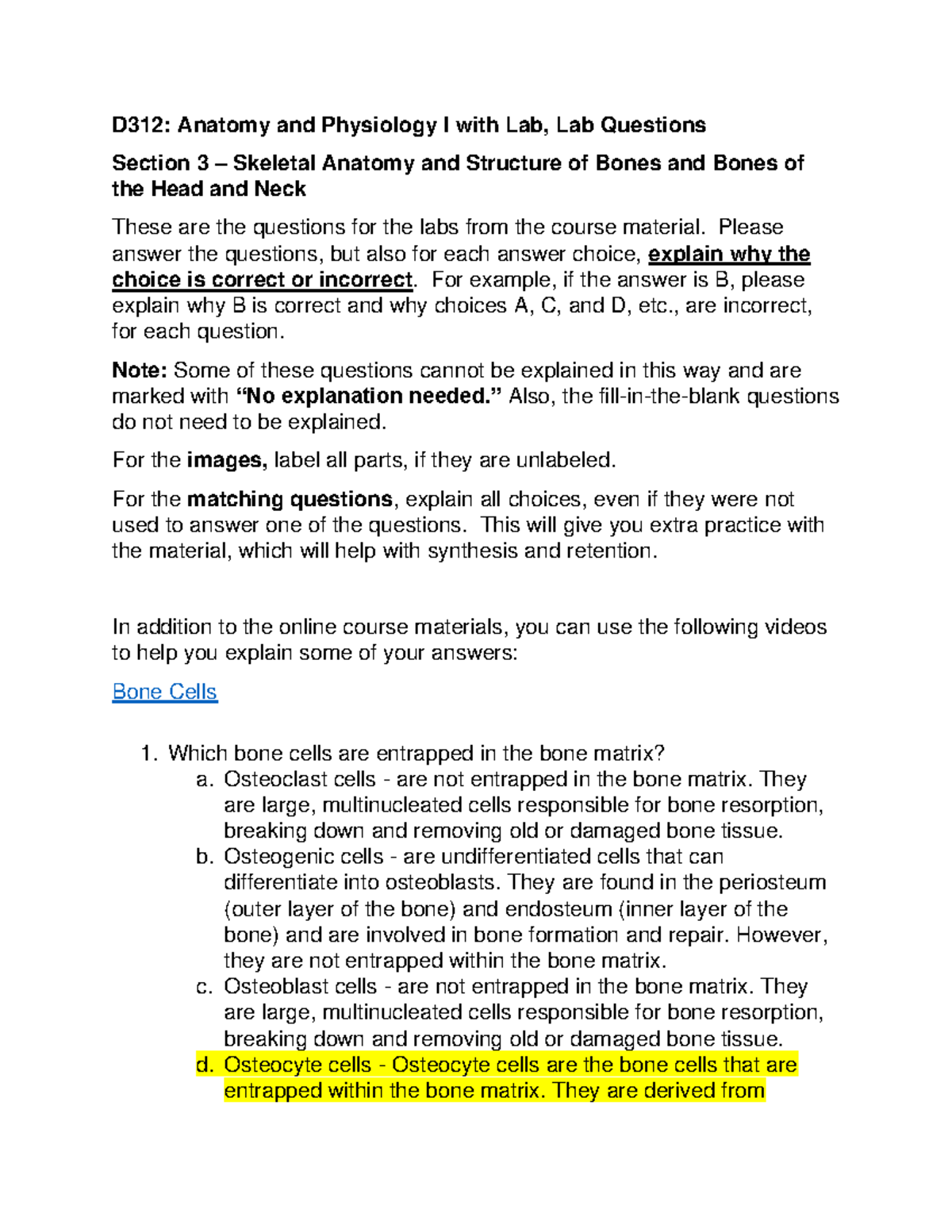 D312 Section 3 - Lab Questions on Skeletal Anatomy & Structure - Studocu