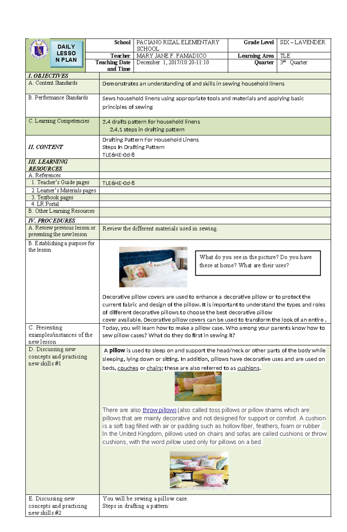 DAILY LESSON PLAN: Drafting Patterns & Safety in Sewing TLE 3rd Qtr ...