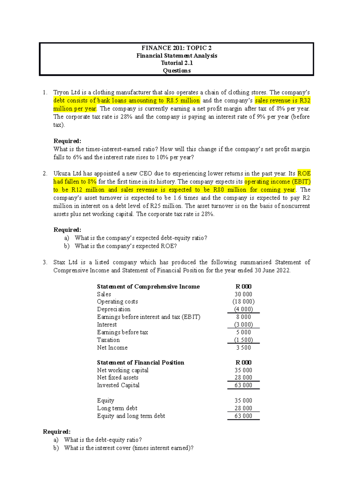 Tutorial 2.1 Questions Financial Statement analysis - FINANCE 201 ...