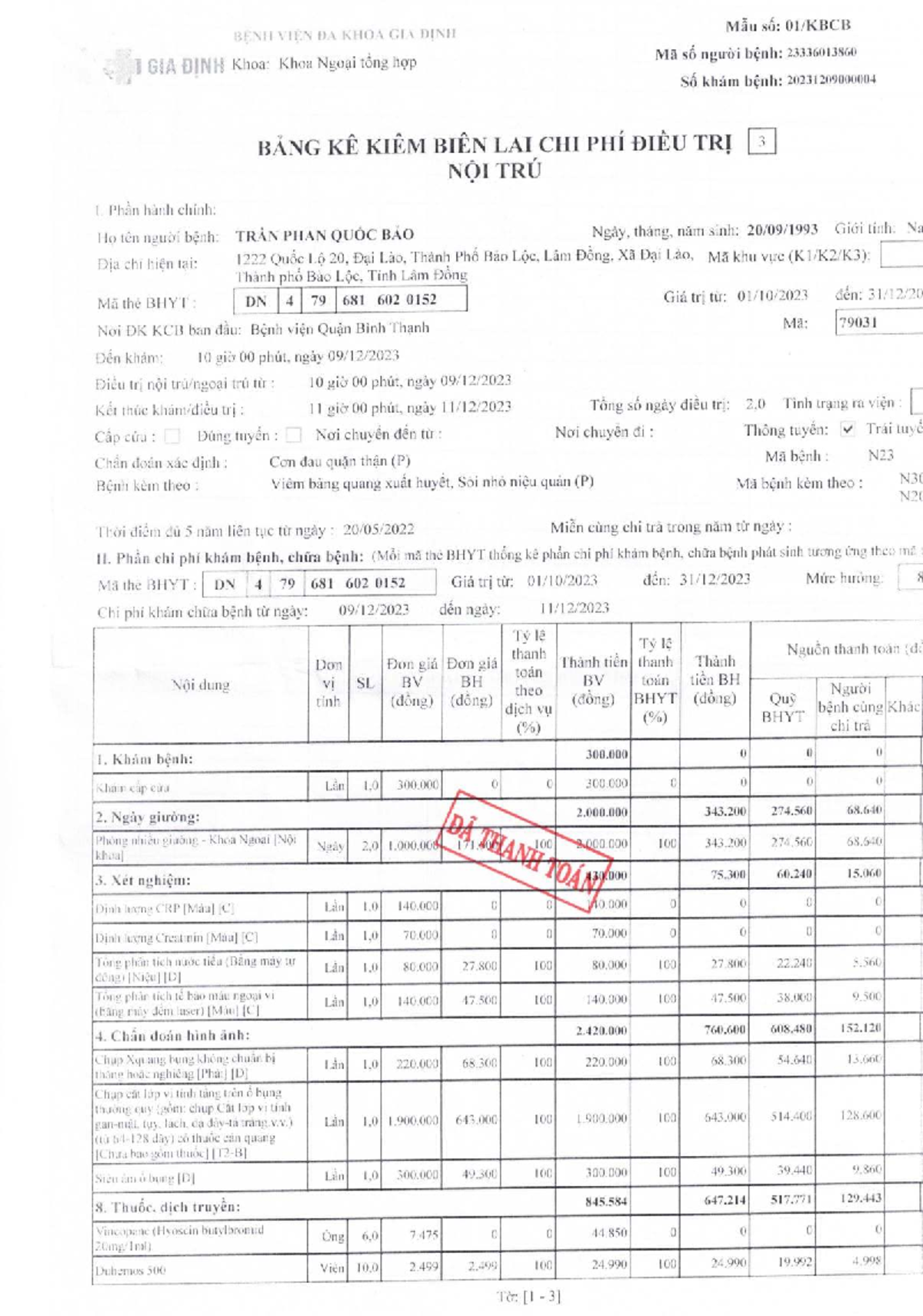 Bảng kê chi phí điều trị nội trú - Bệnh viện Đa khoa Gia Định - Studocu