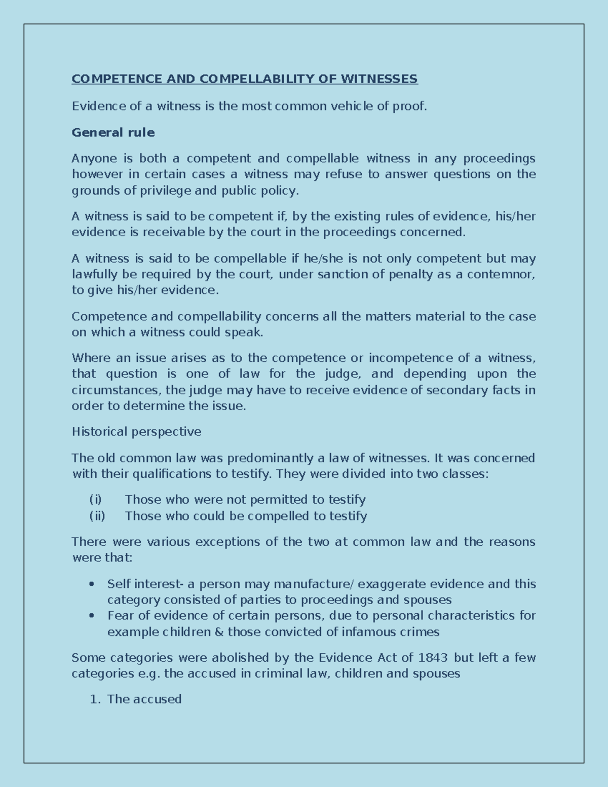 Unilus-En C - Law: Competence & Compellability of Witnesses - Studocu