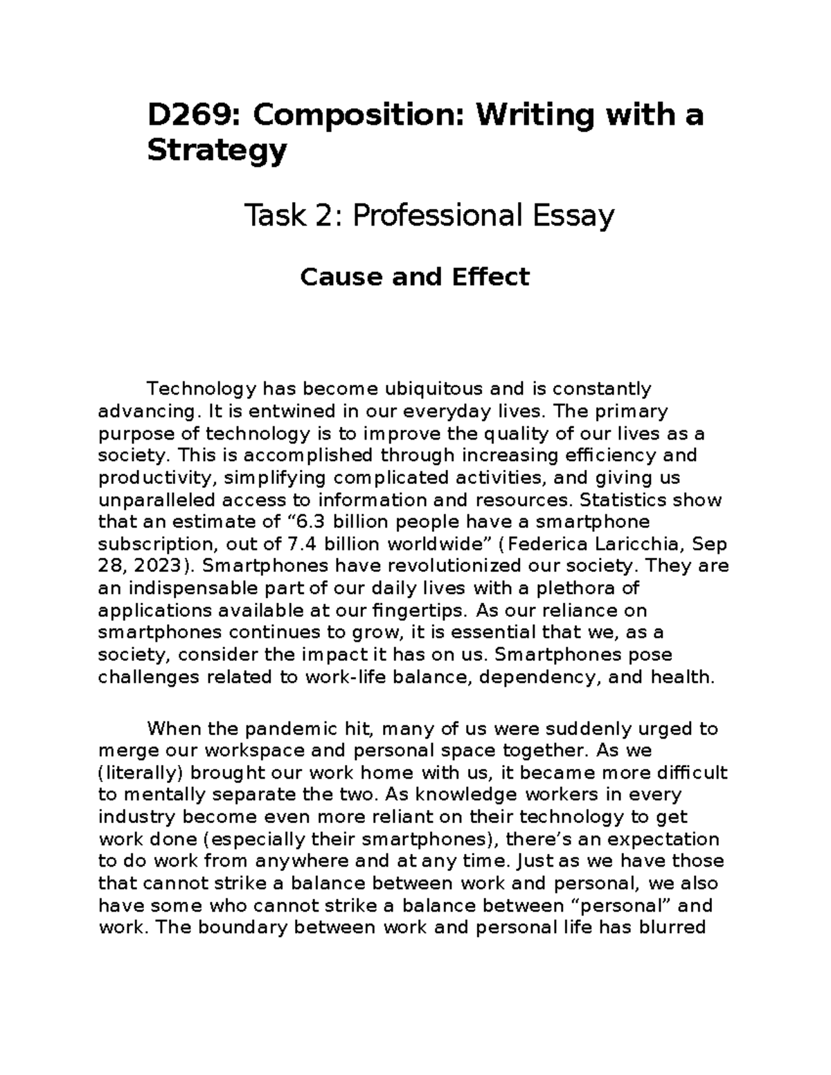 D269: Task 2 Essay on Smartphone Dependency and Its Impacts - Studocu