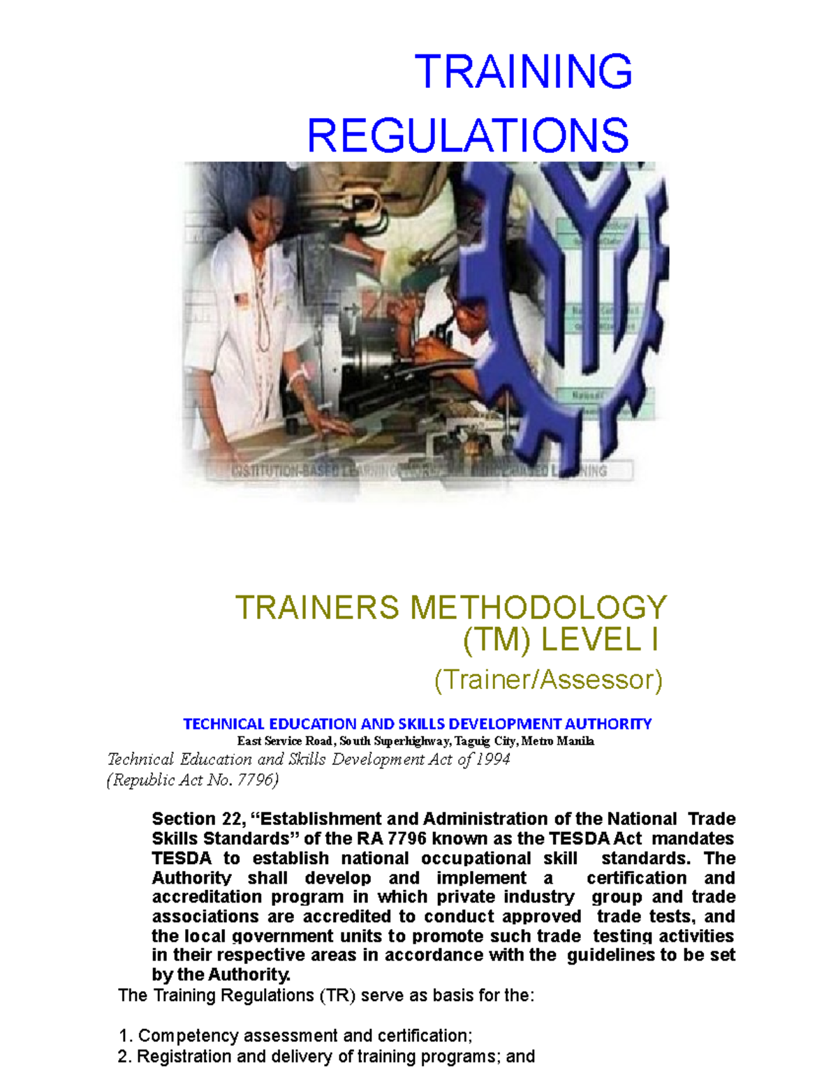 TR Trainers Methodology Level I: Competency Assessment Framework - Studocu
