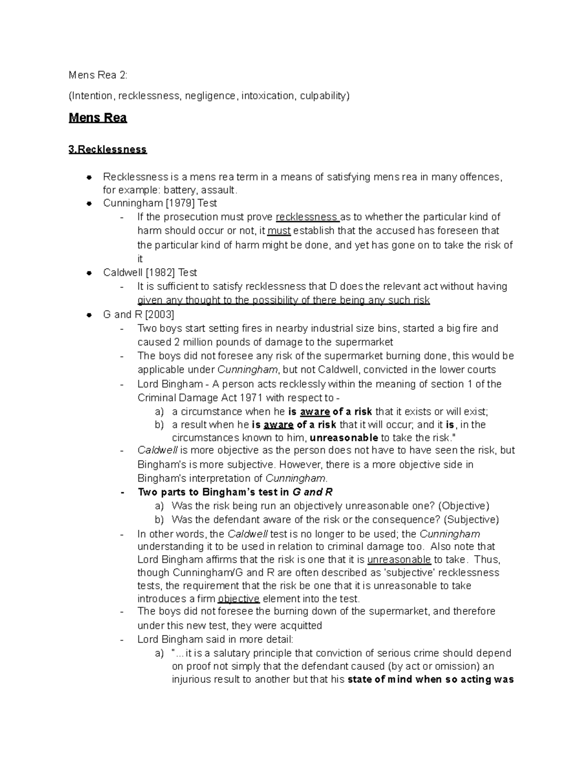 Criminal Law Lecture - Mens Rea 2: Intention, Recklessness, and ...