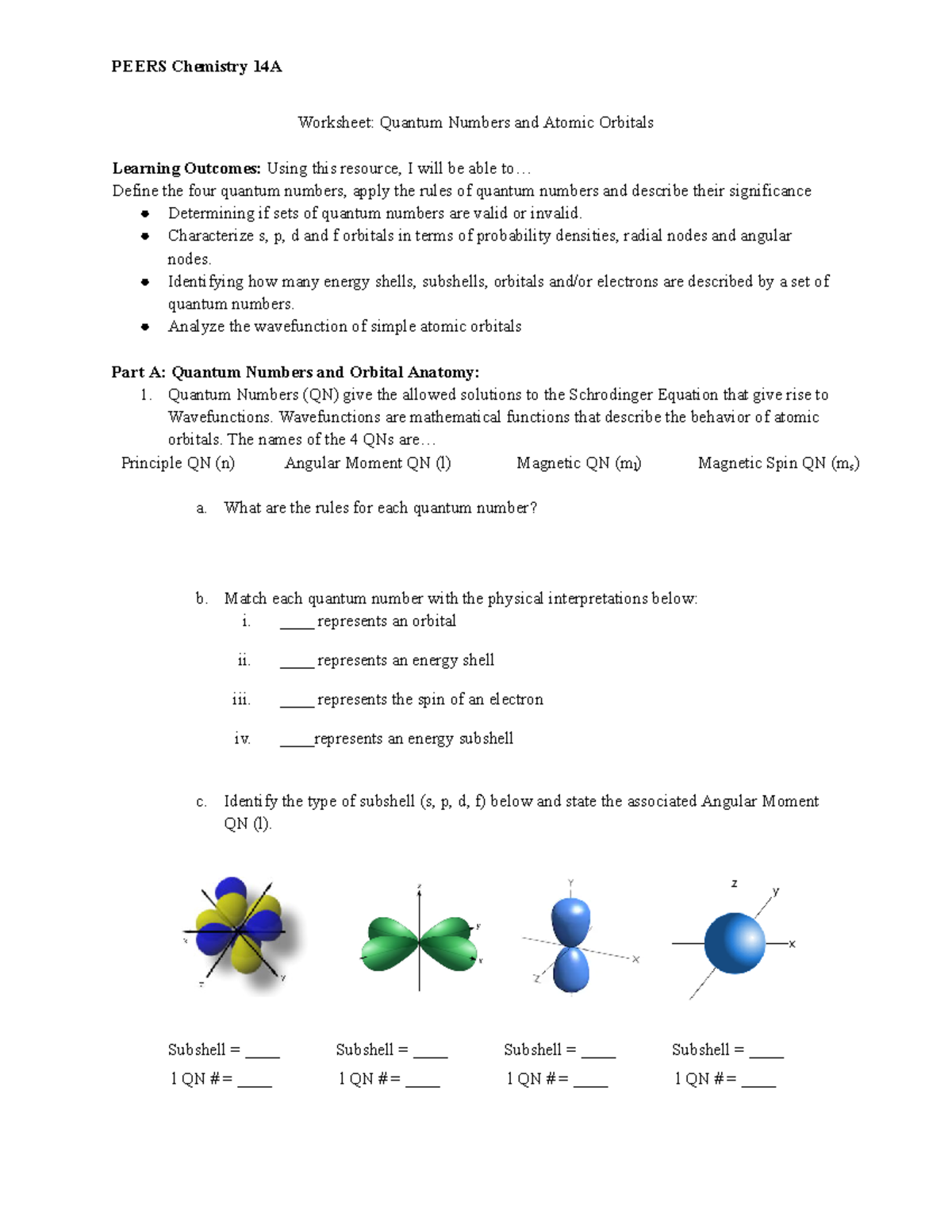 Quantum Numbers Worksheet