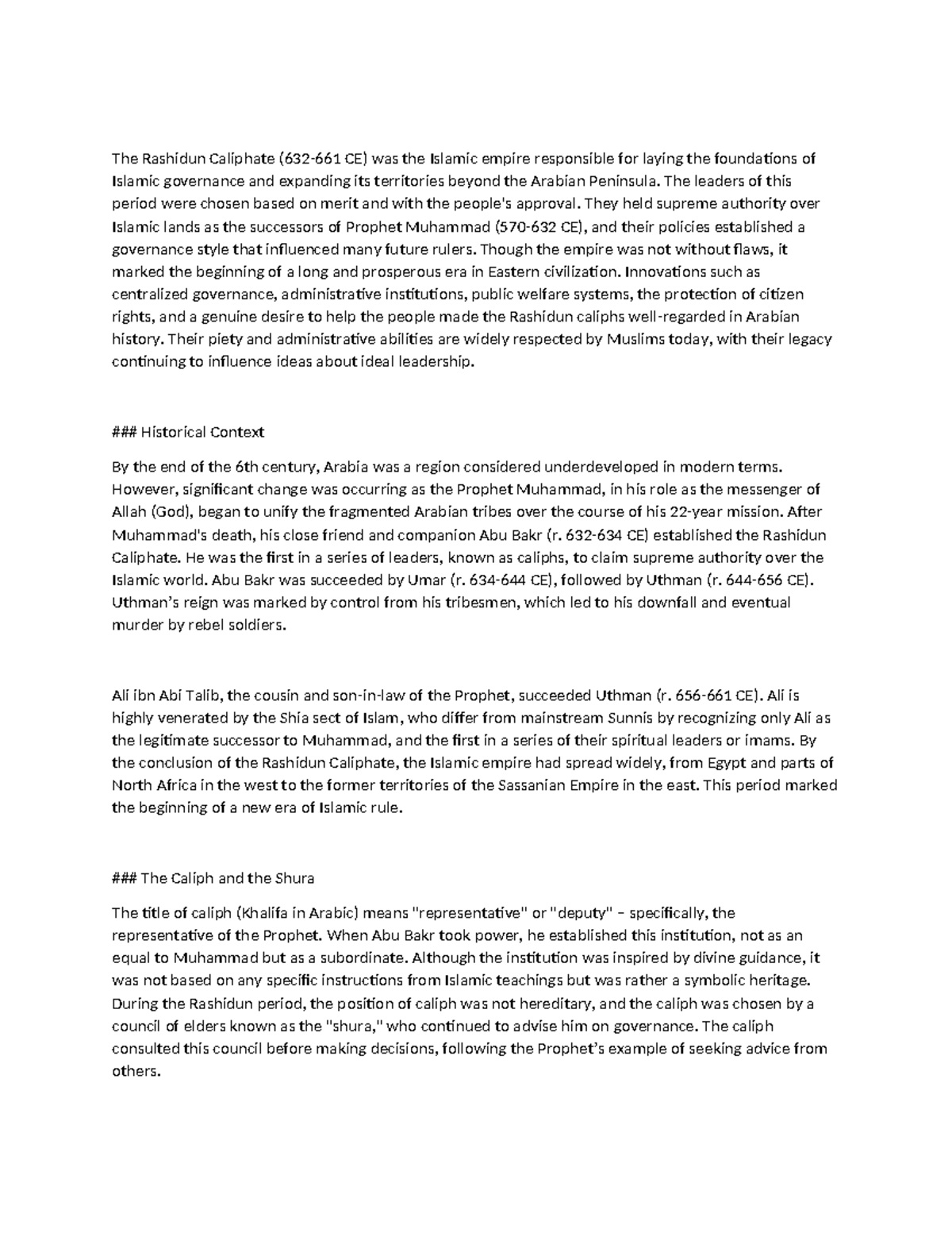 Rashidun Caliphate Overview - Assignment for History 101 - Studocu