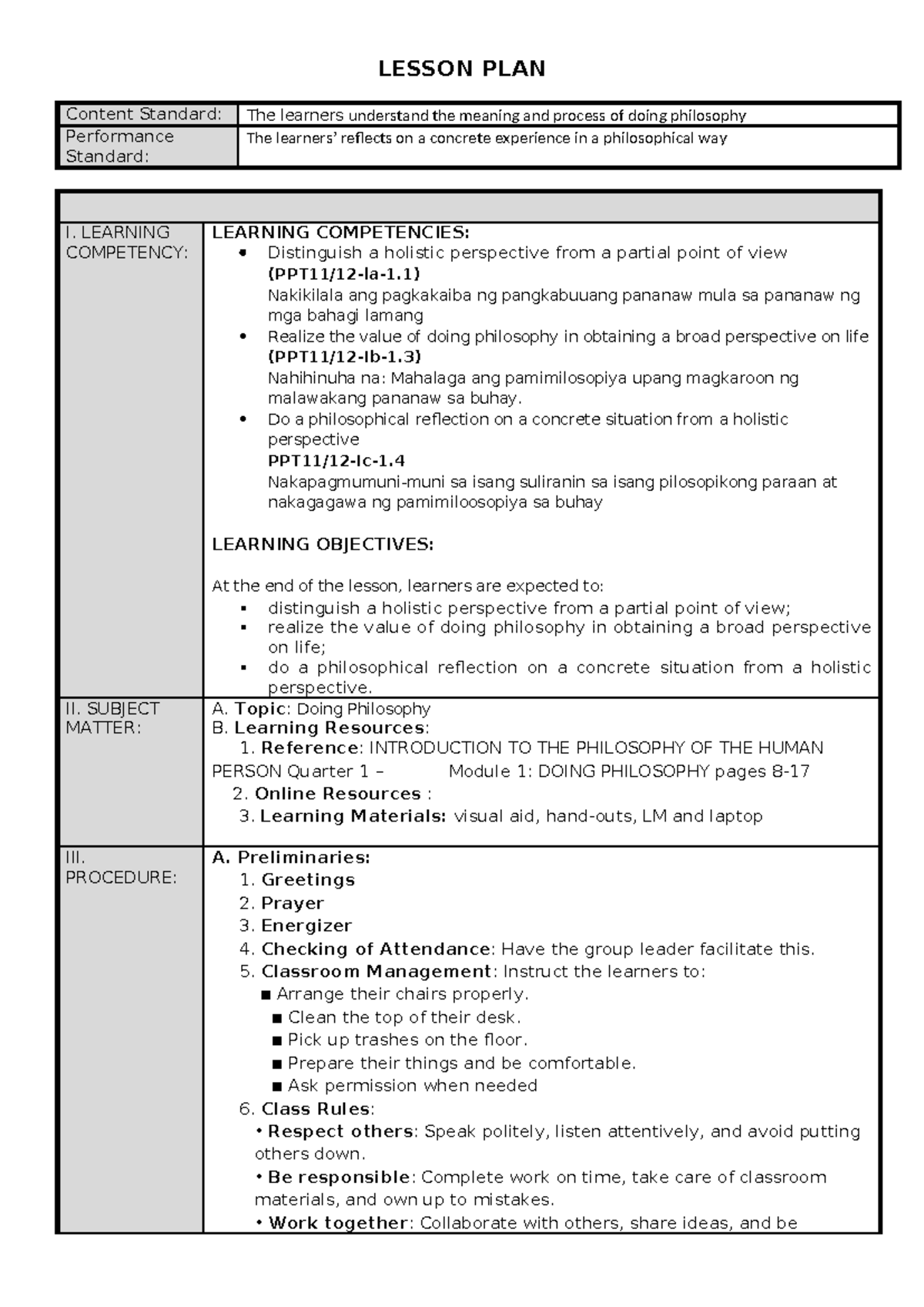 DLP 1st Week Day 1: Lesson Plan on Doing Philosophy (PPT11/12) - Studocu