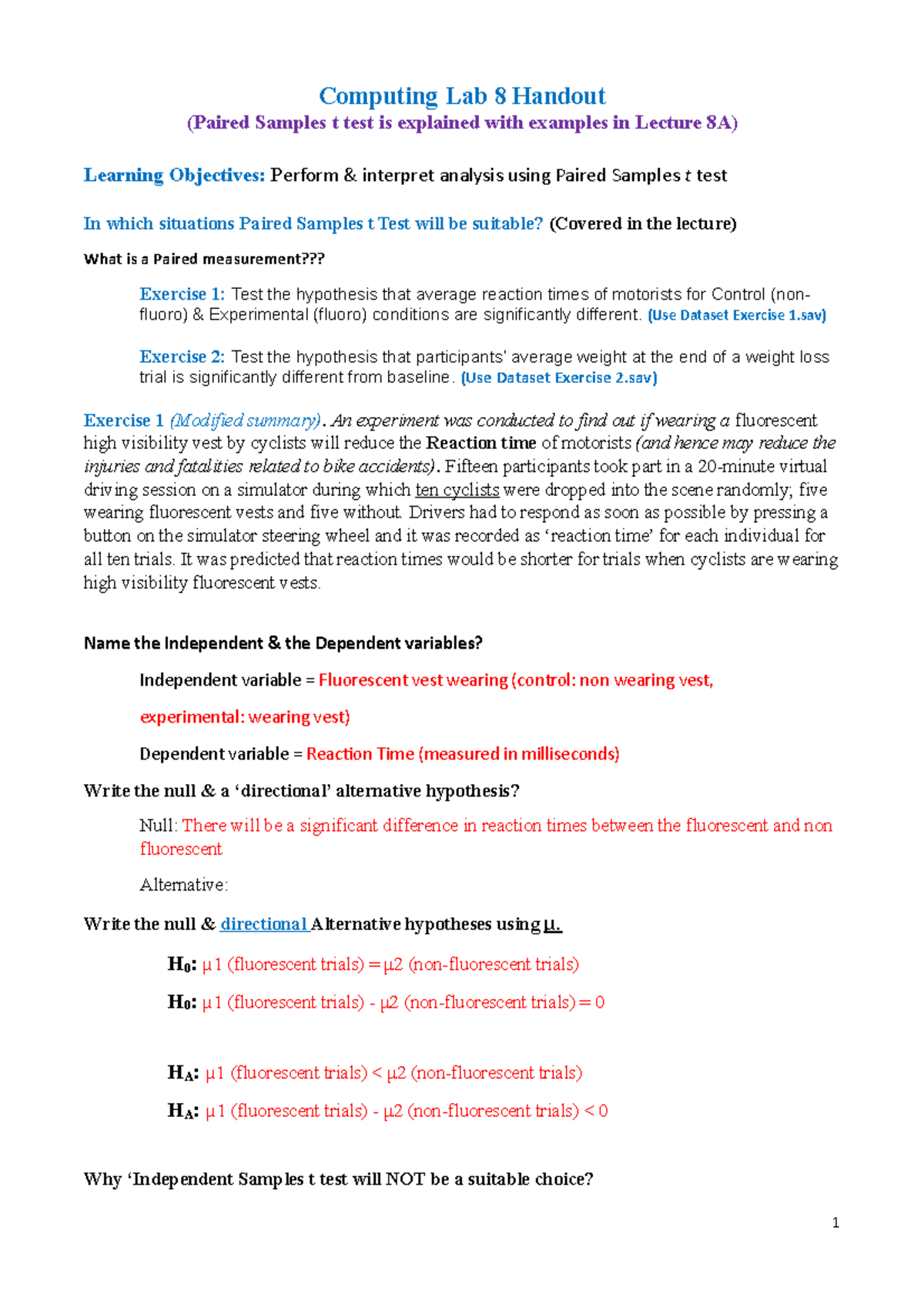 Computing Lab 8 Handout - Computing Lab 8 Handout (Paired Samples t ...