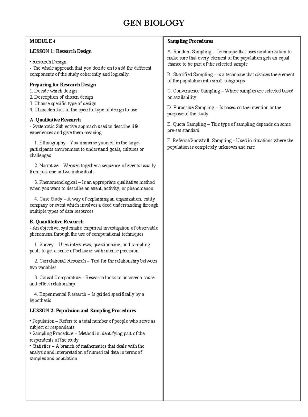GEN BIOLOGY MODULE 4: Sampling Procedures & Research Design Review ...