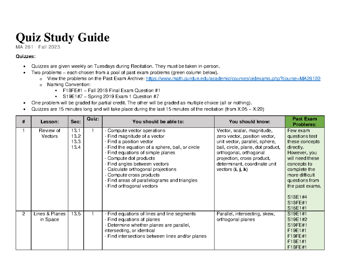 Quiz study guide ma261 - Quiz Study Guide MA 261 ∙ Fall 2023 Quizzes ...