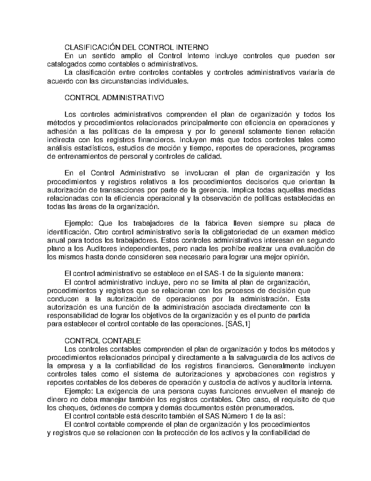 Clasificación del Control Interno: Controles Administrativos y ...