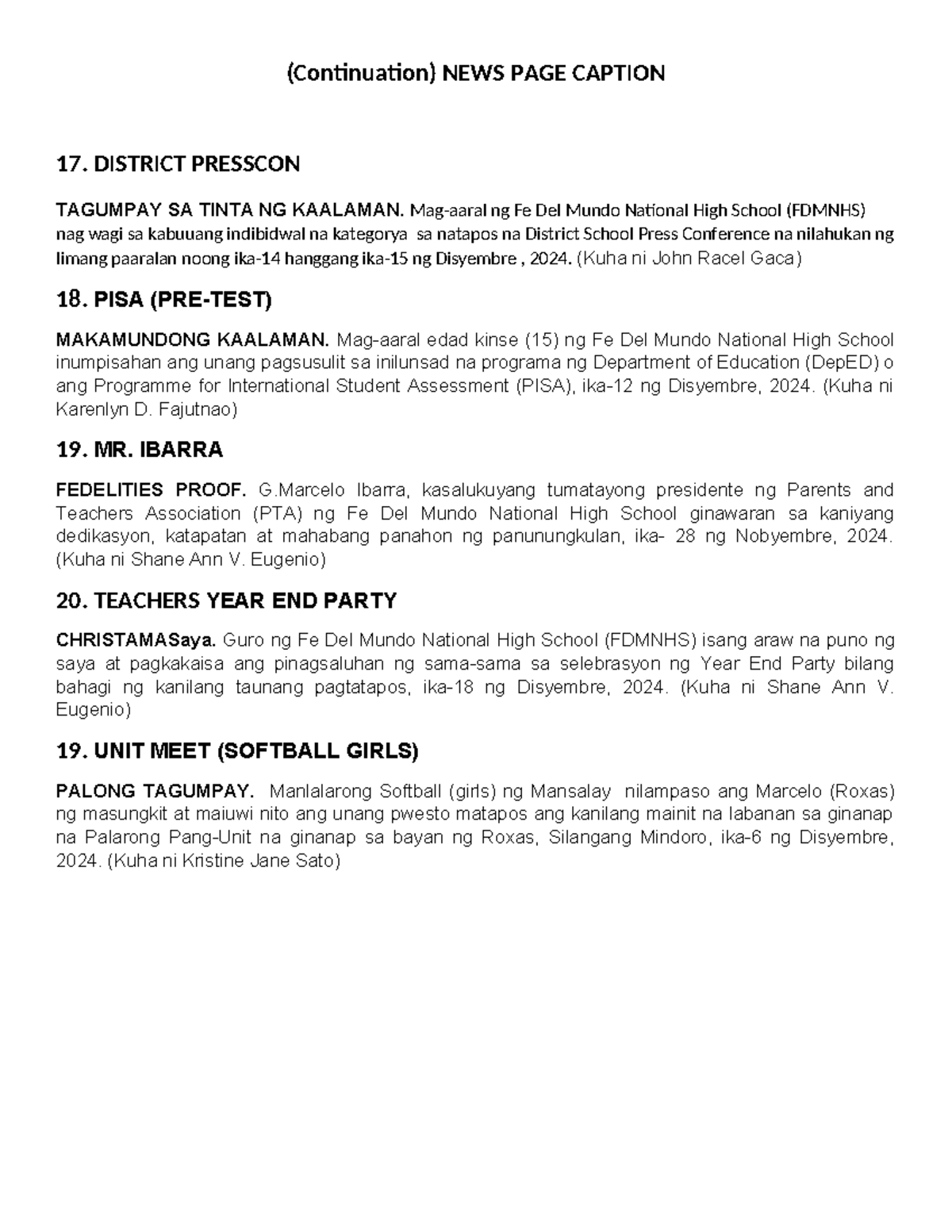 (continuation) NEWS PAGE Caption - (Continuation) NEWS PAGE CAPTION 17 ...