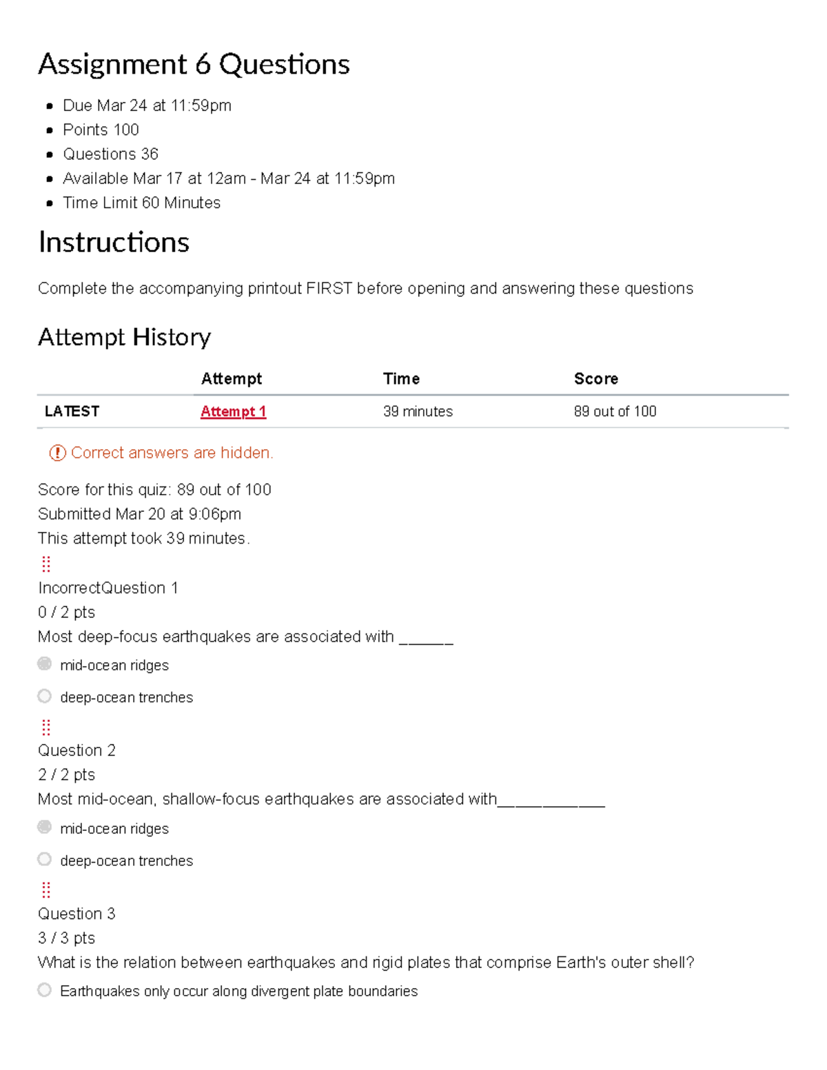 Assignment 6 Questions 2024SP GEOL1340 12635 - Earth Systems - Assignment 6 Ques ons Due Mar 24 ...