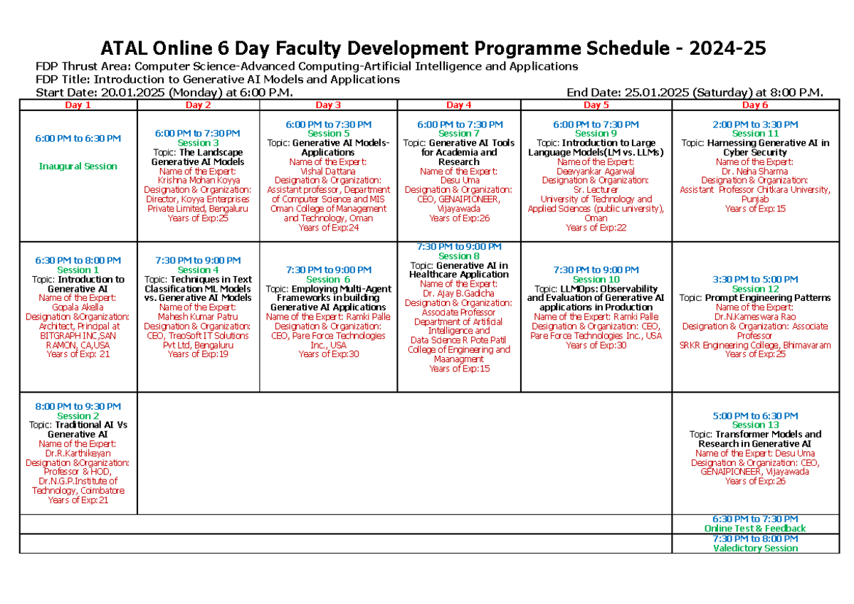 ATAL FDP Schedule 2024: Generative AI Models & Applications Sessions - Studocu