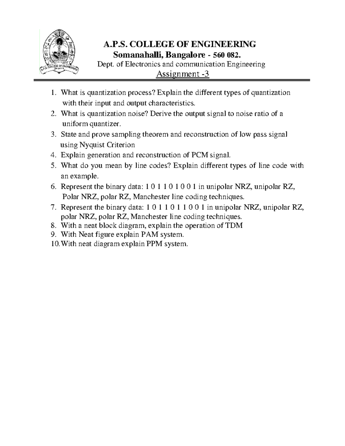 Assignment 3: Quantization, Sampling Theorem & Line Codes in ECE - Studocu