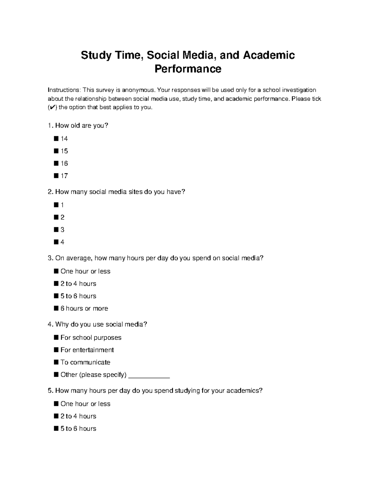 Social Media & Study Time Survey: Impact on Academic Performance - Studocu