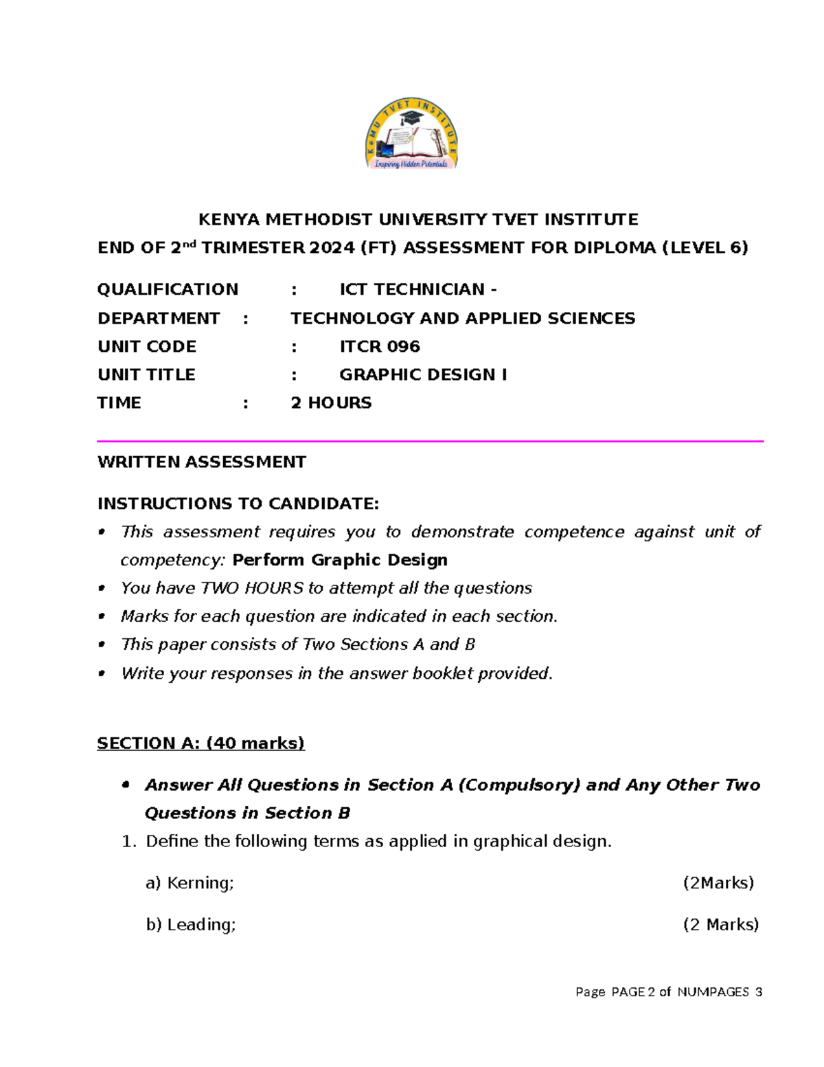 KENYA METHODIST UNIVERSITY ITCR 096 GRAPHIC DESIGN I END OF 2nd ...