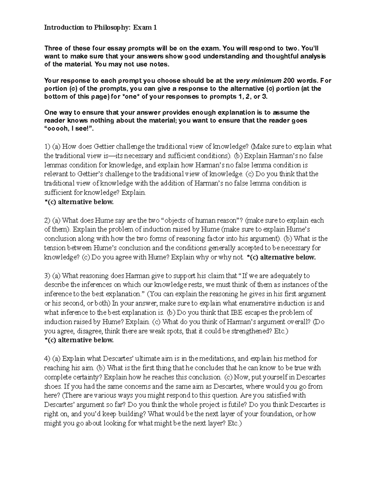 PHIL 101: Introduction to Philosophy - Exam 1 Essay Prompts - Studocu