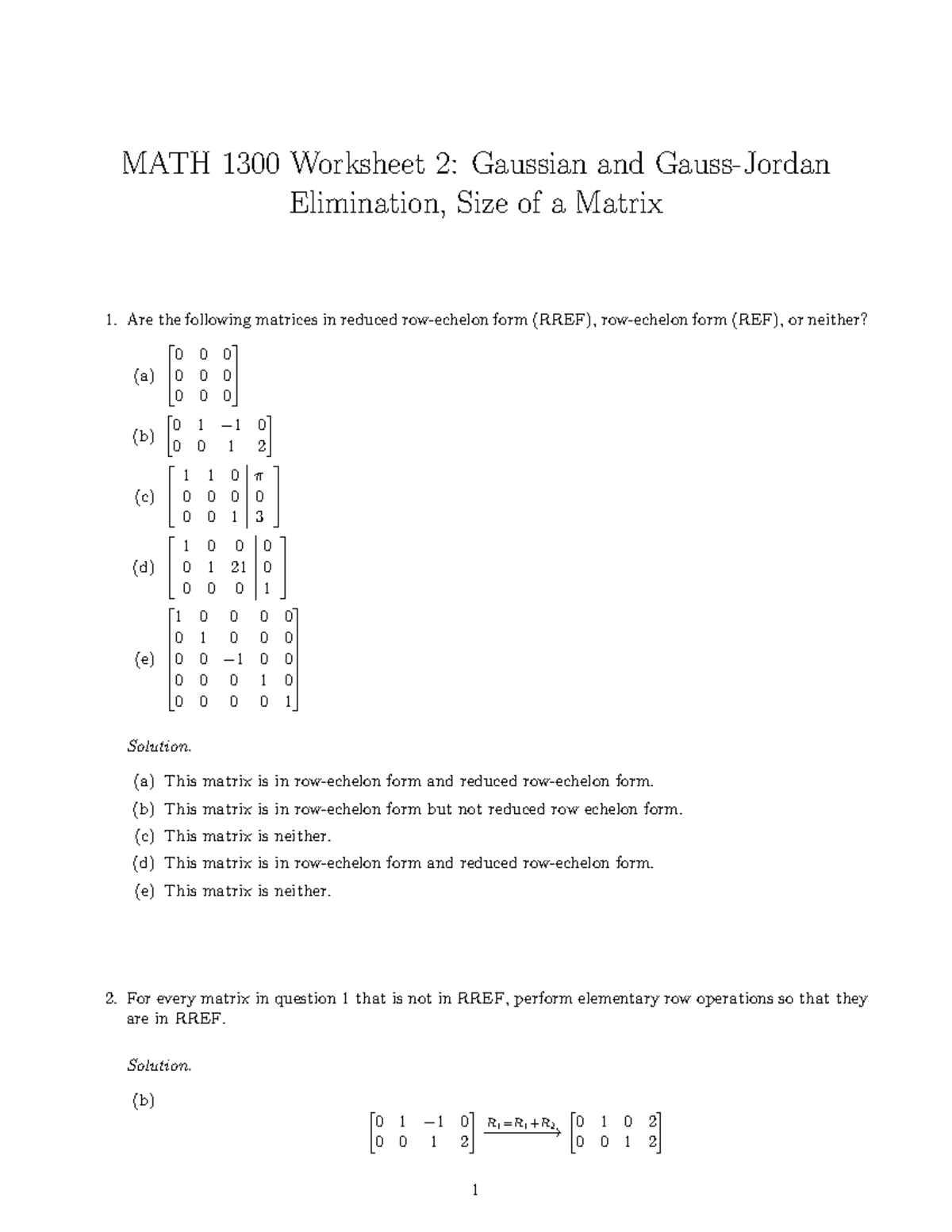 MATH 1300 Worksheet 2: Gaussian and Elimination Size of a Matrix - Studocu