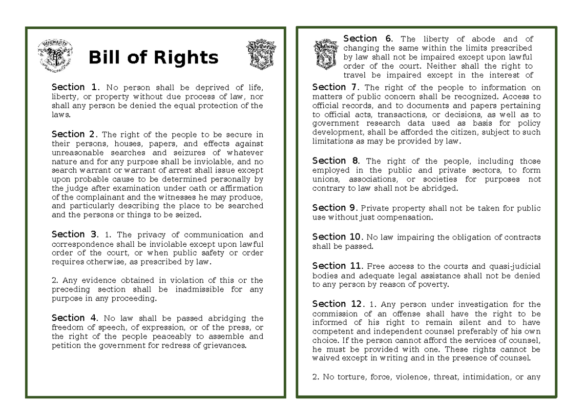 Bill - of rights - Bill of Rights Section 1. No person shall be deprived of life, liberty, or ...