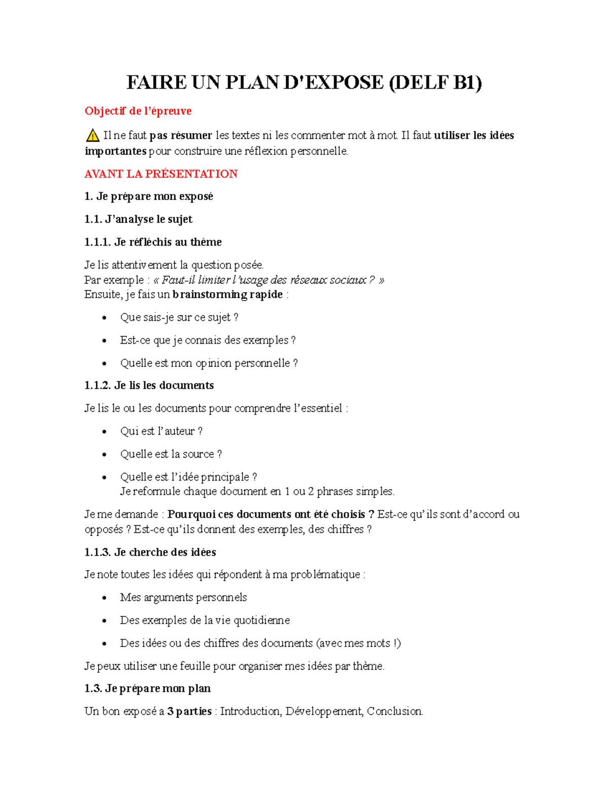 Comment Faire un Plan d'Exposé pour DELF B1: Guide Pratique - Studocu