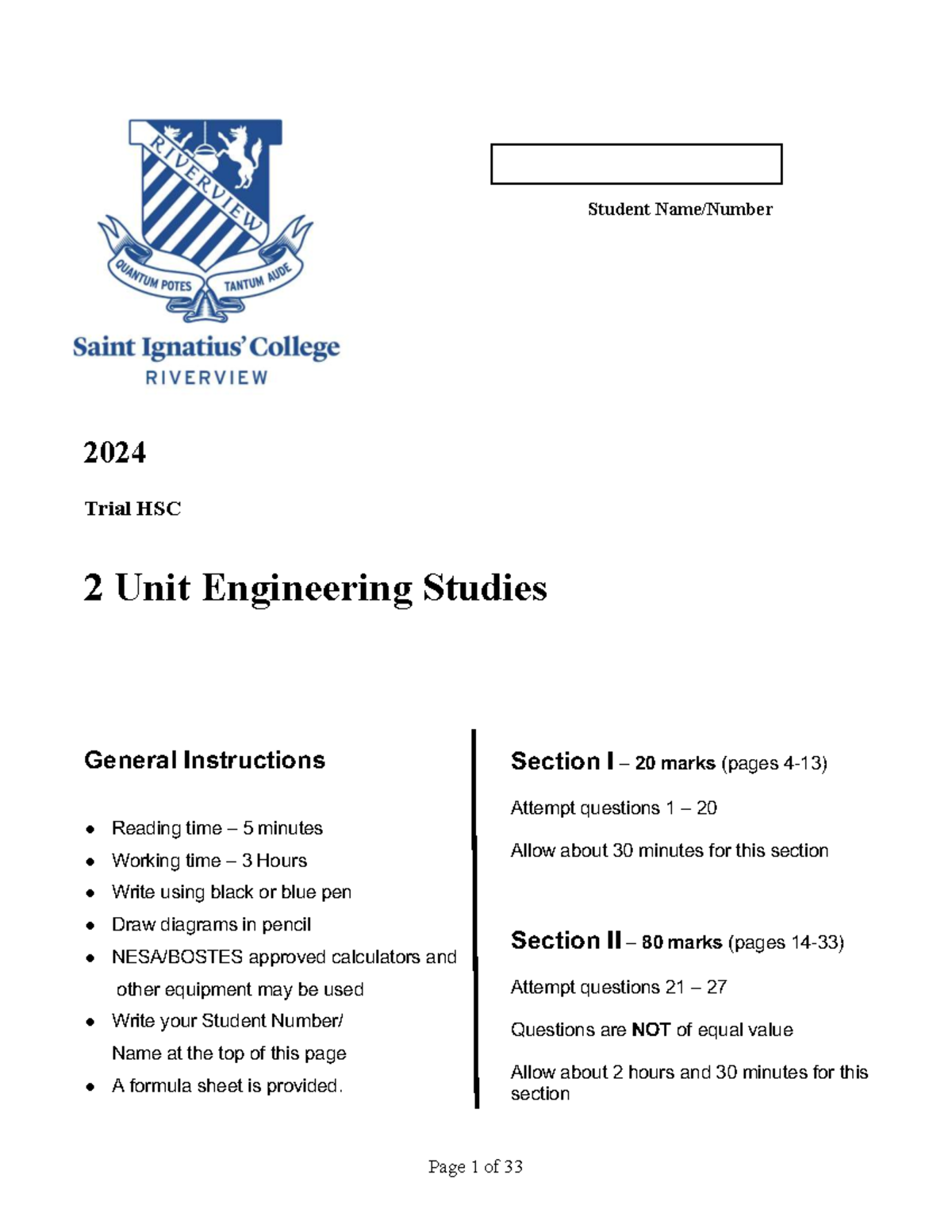 2024 SIC Trial HSC Engineering Exam - Student Name/Number 2024 Trial ...