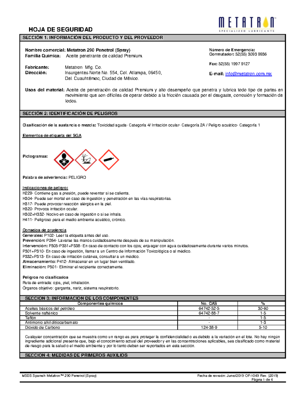 MSDS Español: Aceite Penetrante Metatron 290 Penetrol (Spray) - Studocu