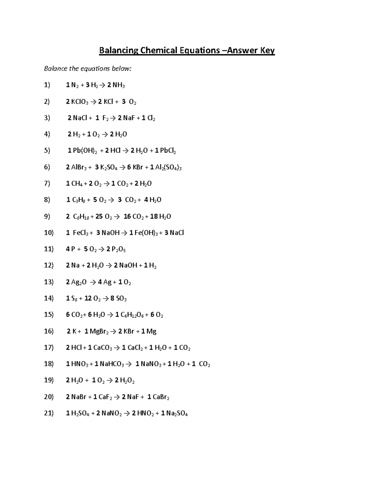 Balancing Chemical Equations Worksheet - Answer Key (CHEM101) - Studocu