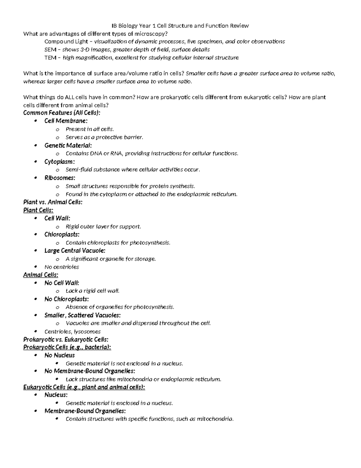 **IB Biology Year 1: Cell Structure & Function Comprehensive Review ...