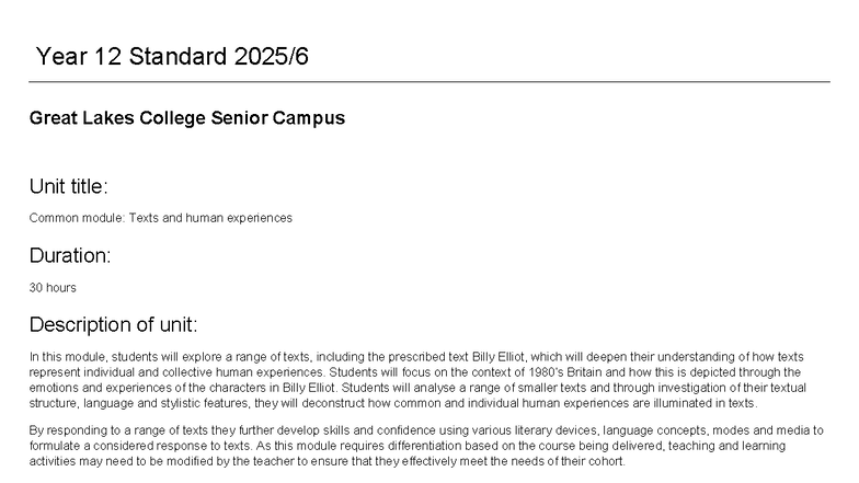 Year 12 Standard English: Billy Elliot Unit on Texts & Human ...