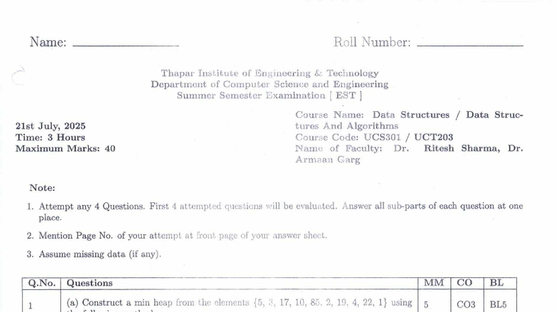 UCS301 Summer Exam: Data Structures & Algorithms - July 2025 - Studocu