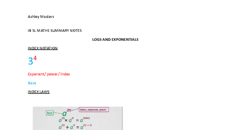 IB SL MATHS SUMMARY NOTES: LOGS, EXPONENTIALS & FUNCTIONS - Studocu
