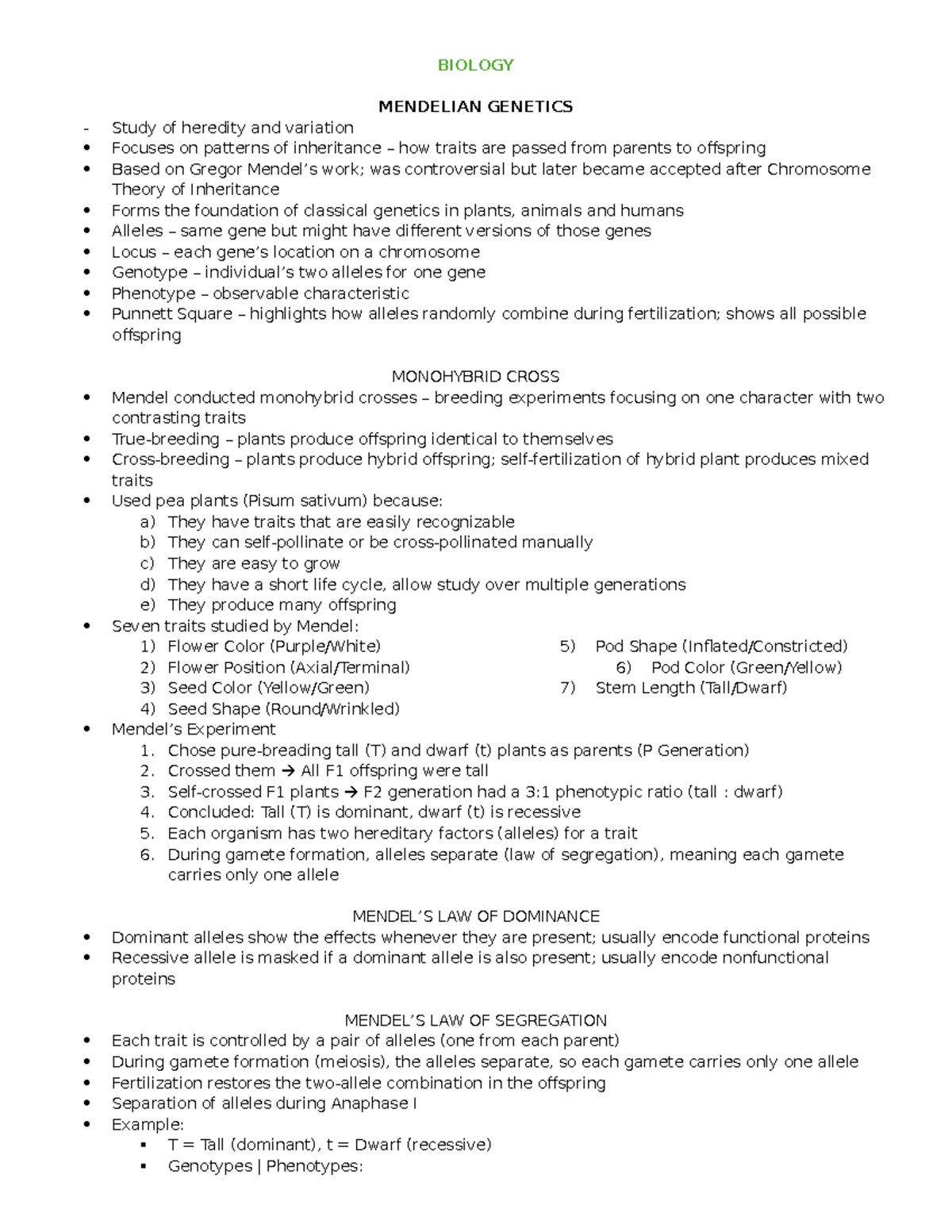 Biology G11 Q4 Quiz 1: Mendelian Genetics Overview - Studocu