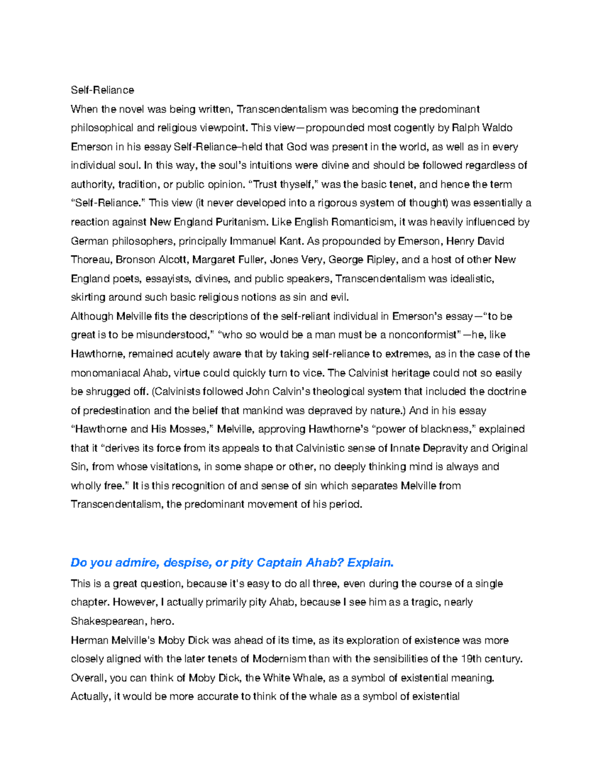 Intensive Reading Notes on Transcendentalism & Dark Romanticism - Studocu