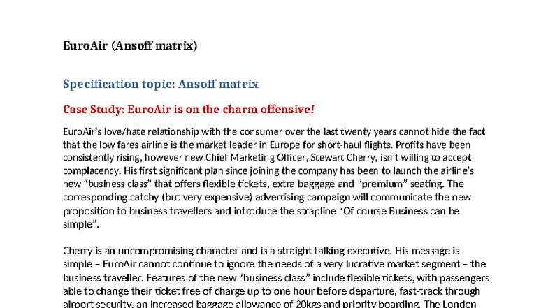 Ansoff Matrix Case Study: EuroAir's Strategic Marketing Shift - Studocu
