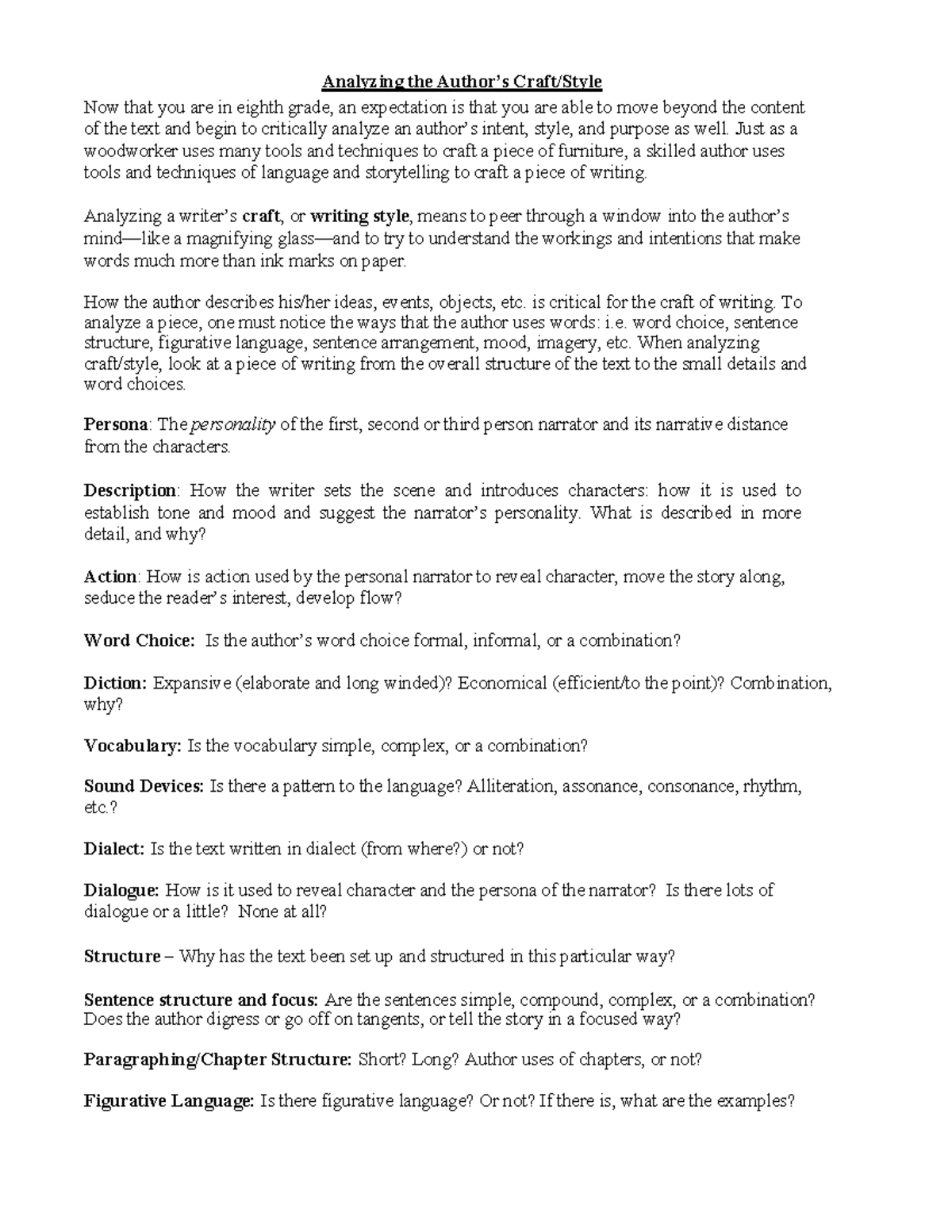 Analyzing Author's Craft in Eighth Grade Literature - Studocu