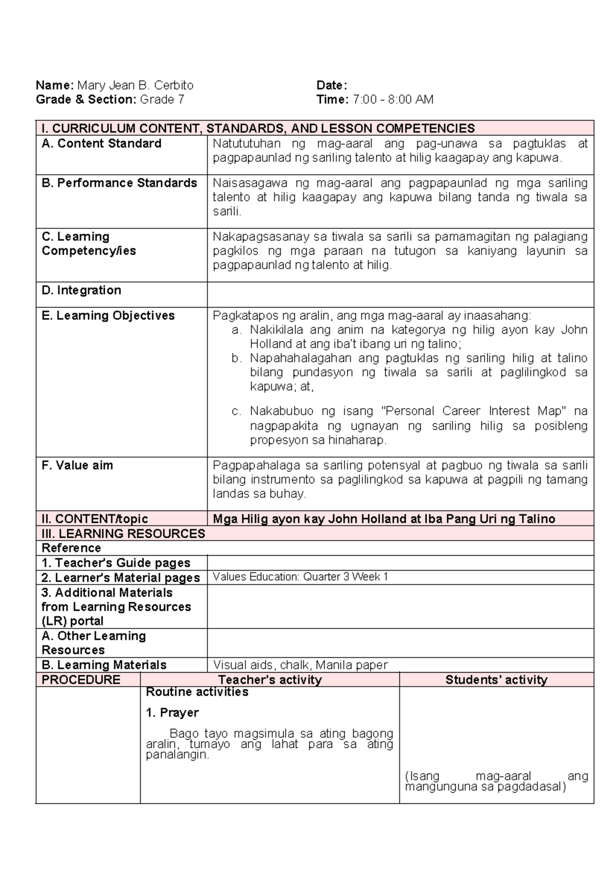 LP - Values Education Lesson Plan for Grade 7: Discovering Talents and ...