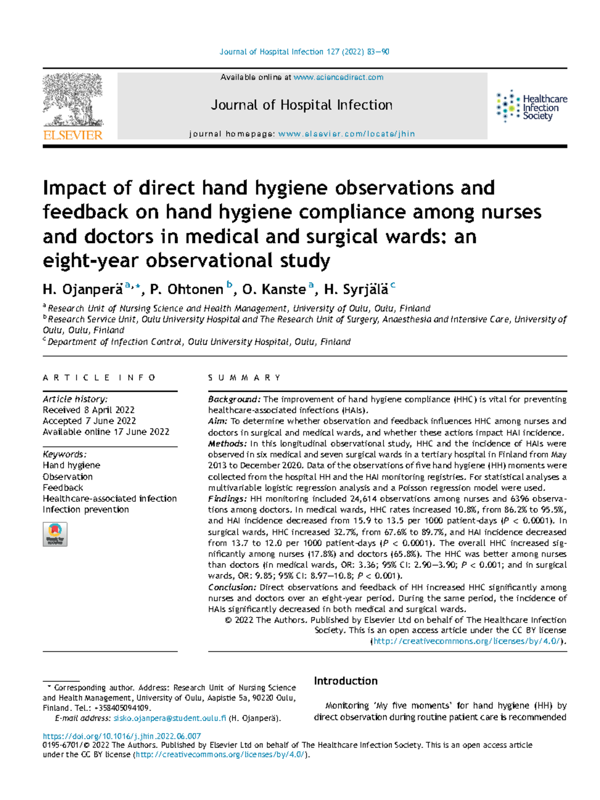Hand Hygeine - hand hygiene article search - Impact of direct hand hygiene observations and ...