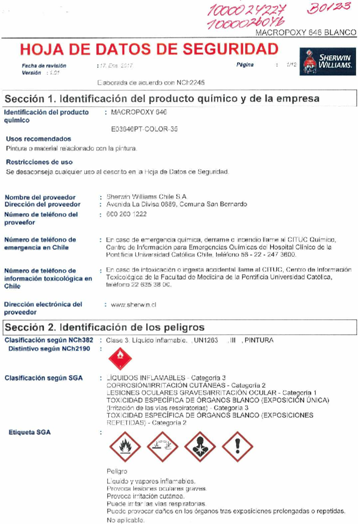 Ficha de Seguridad HDS: Macropoxy 646 Sherwin Williams (B0123) - Studocu