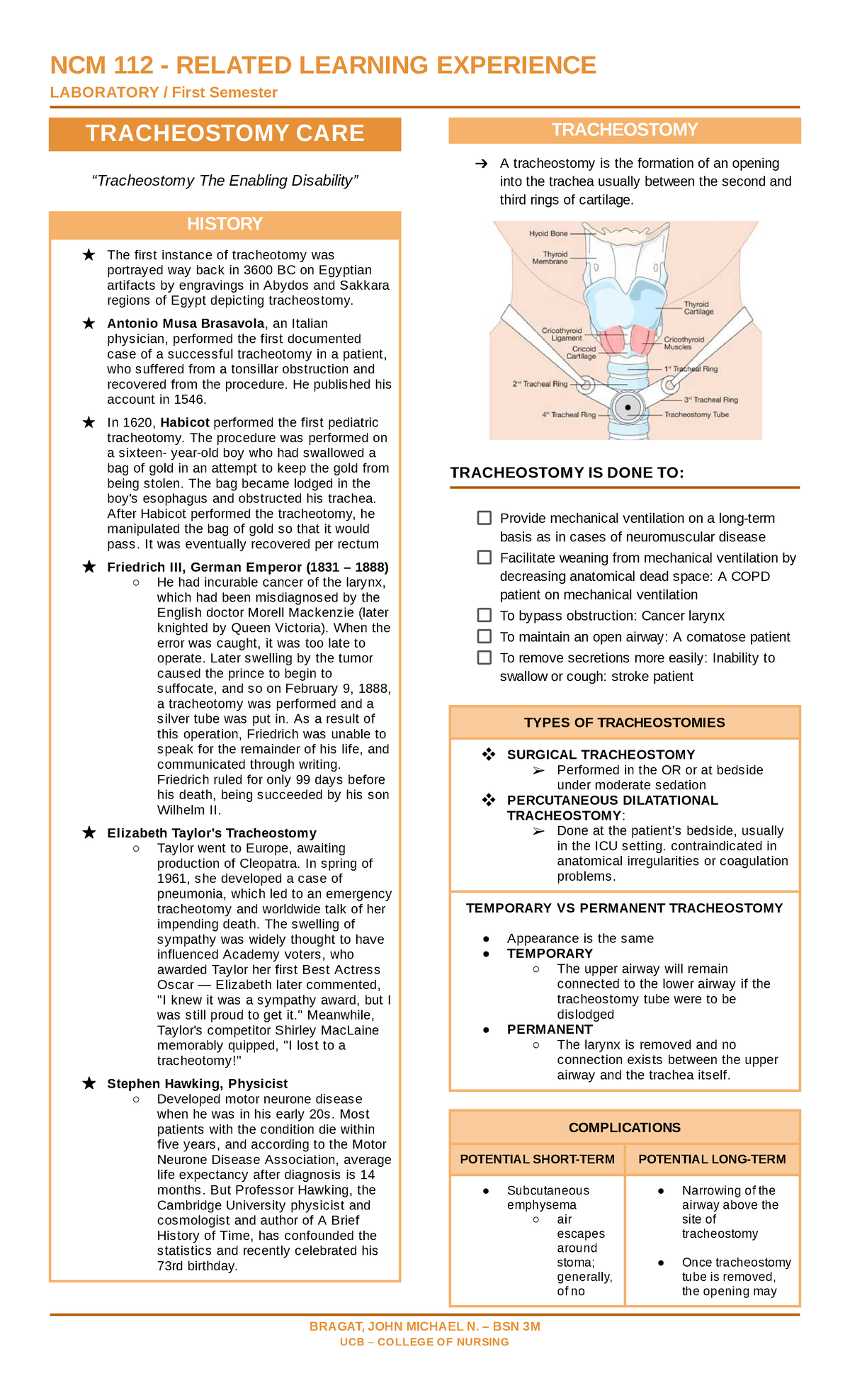NCM 112 Tracheostomy Care: Related Learning Experience Lab Notes - Studocu