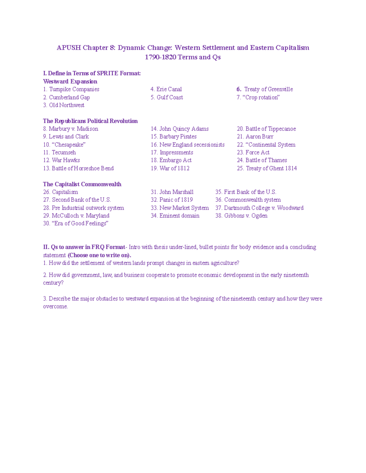 APUSH Chapter 8: Western Expansion & Capitalism (1790-1820) Terms & Qs ...